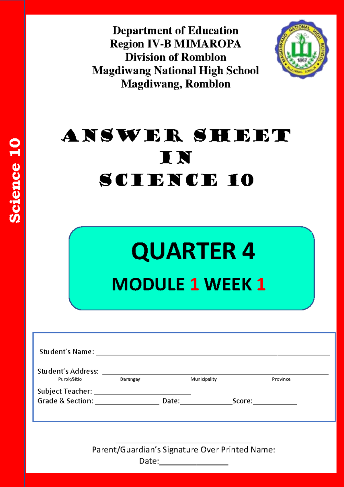 Science 10 Q4 Module 1 Week 1 Answer Sheet and Learning Plan - Studocu