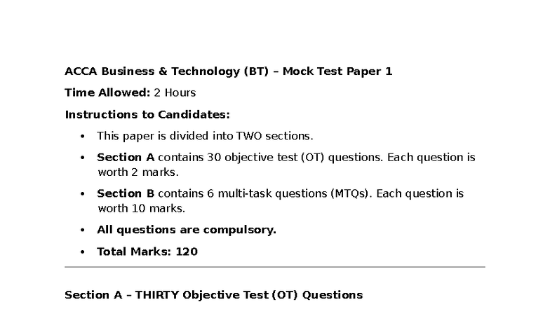 ACCA BT Mock Test Paper 1: Objective & MTQ Questions - Studocu