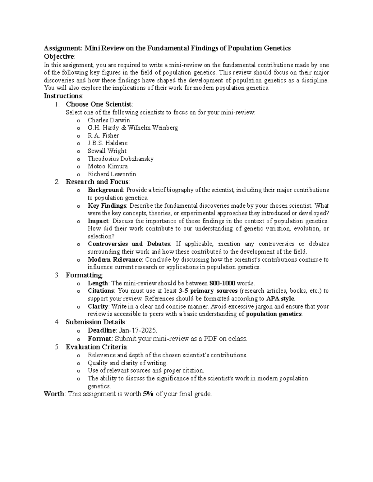 Assignment 1: Mini review of key figures in population genetics - Studocu