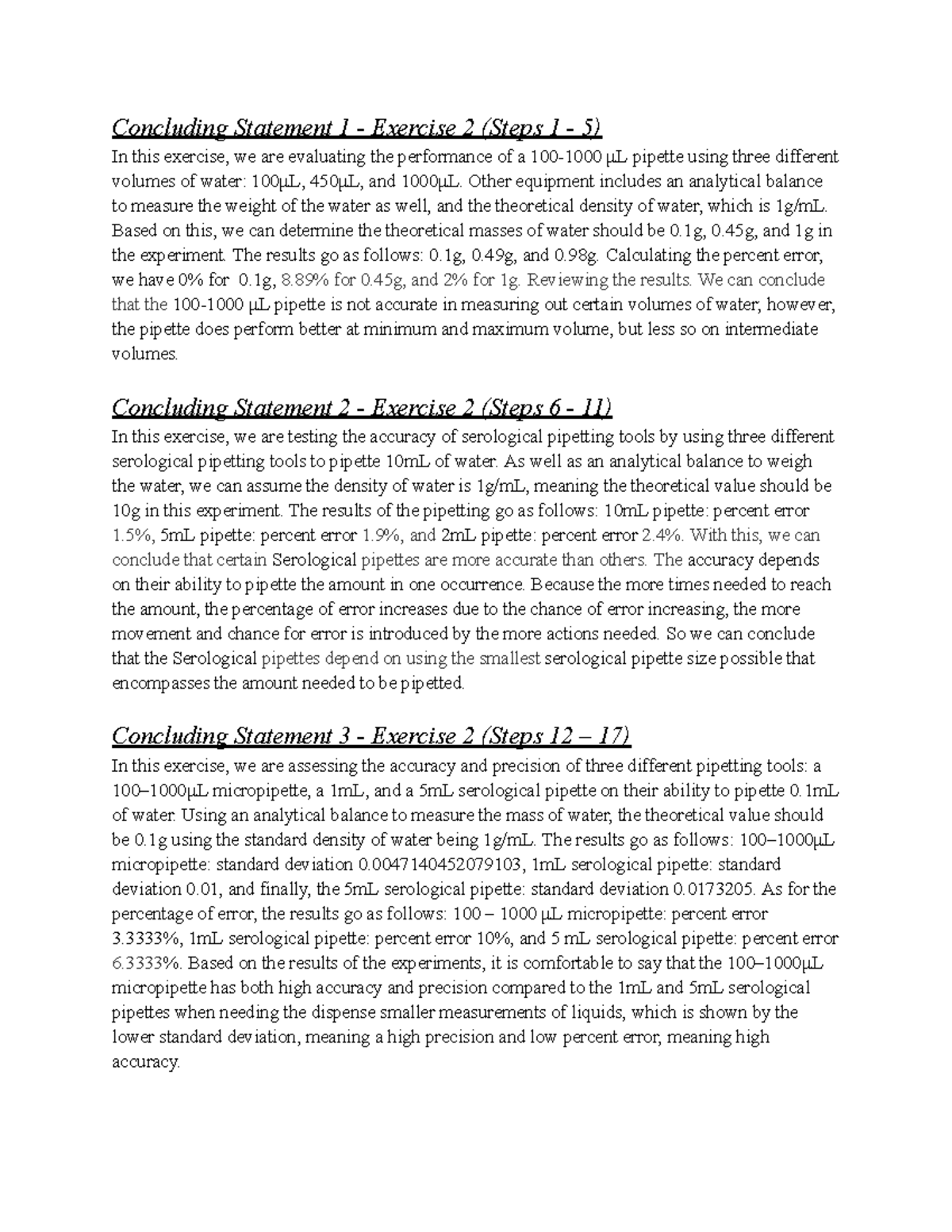 Lab 1 Report: Evaluating Pipette Accuracy and Precision (Exercise 2 ...