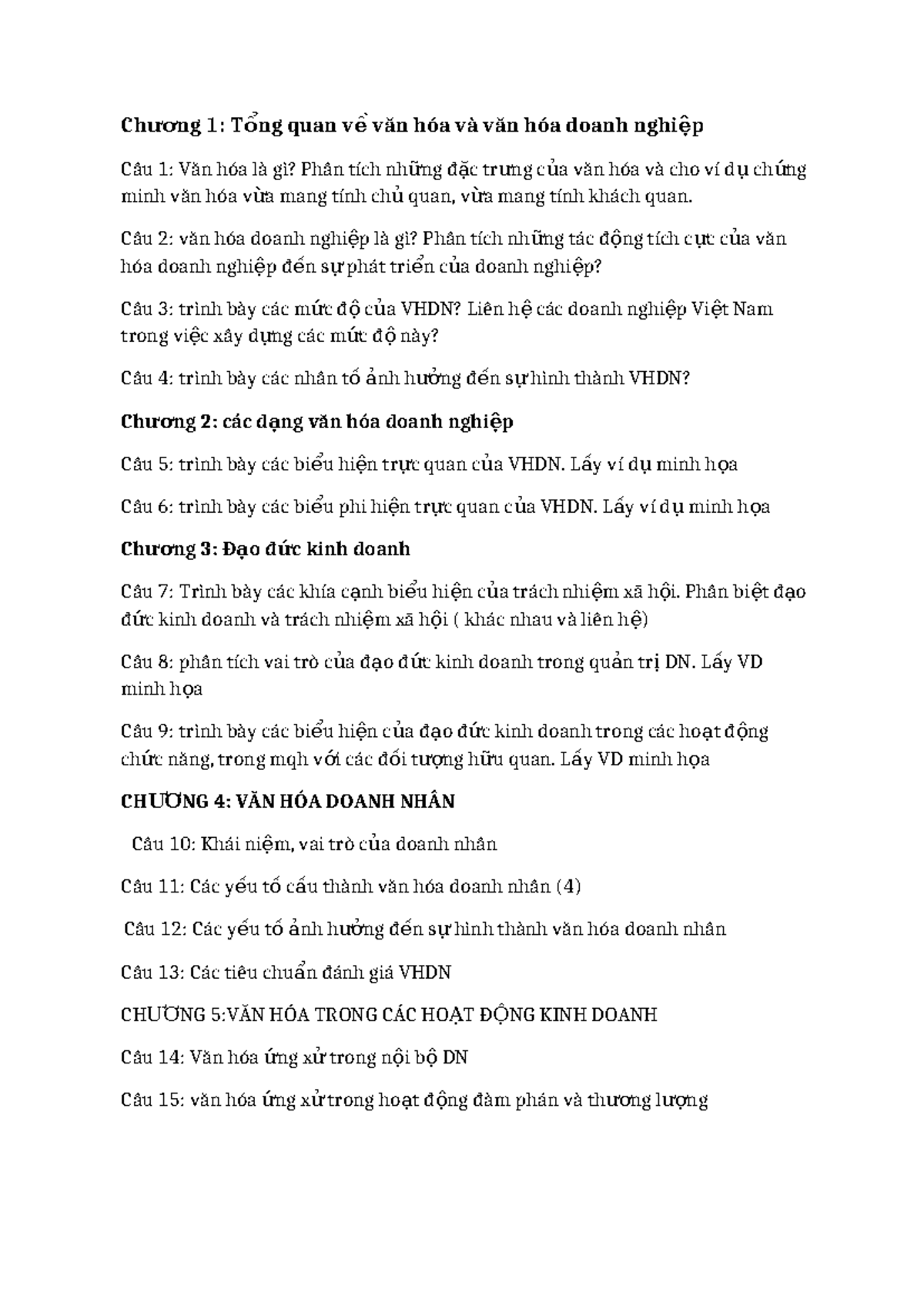 đề cương văn hóa doanh nghiệp - Ch ương 1: T ổng quan v ề văn hóa và văn hóa doanh nghi ệp Câu 1 ...