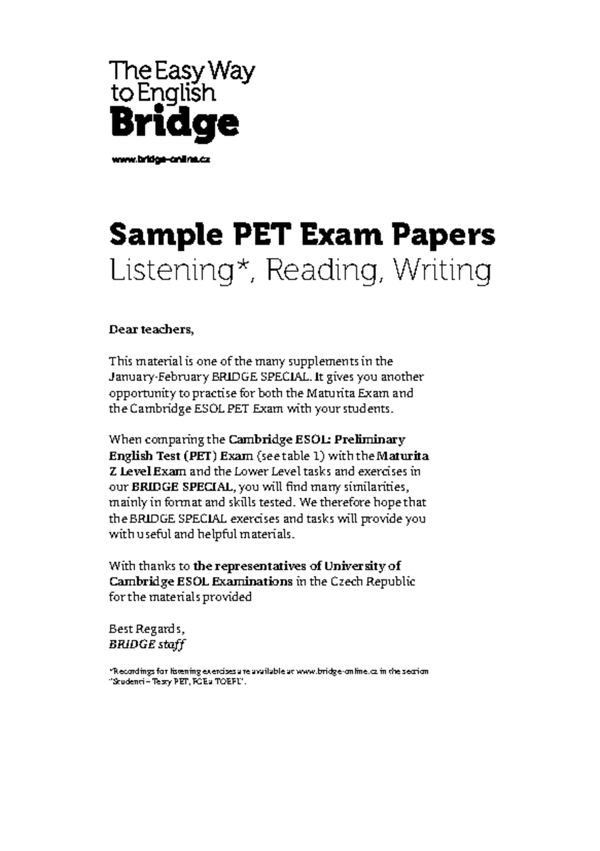 Cambridge ESOL PET Exam Preparation - Sample Papers and Exercises - Studocu