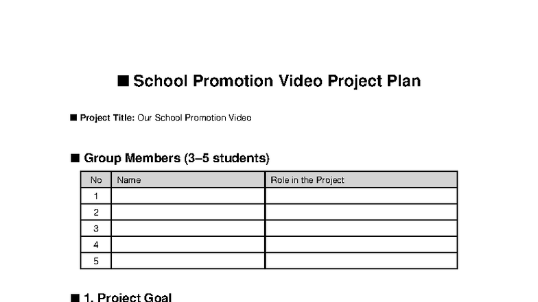 School Promotion Video Project Plan: Our School Family - Studocu