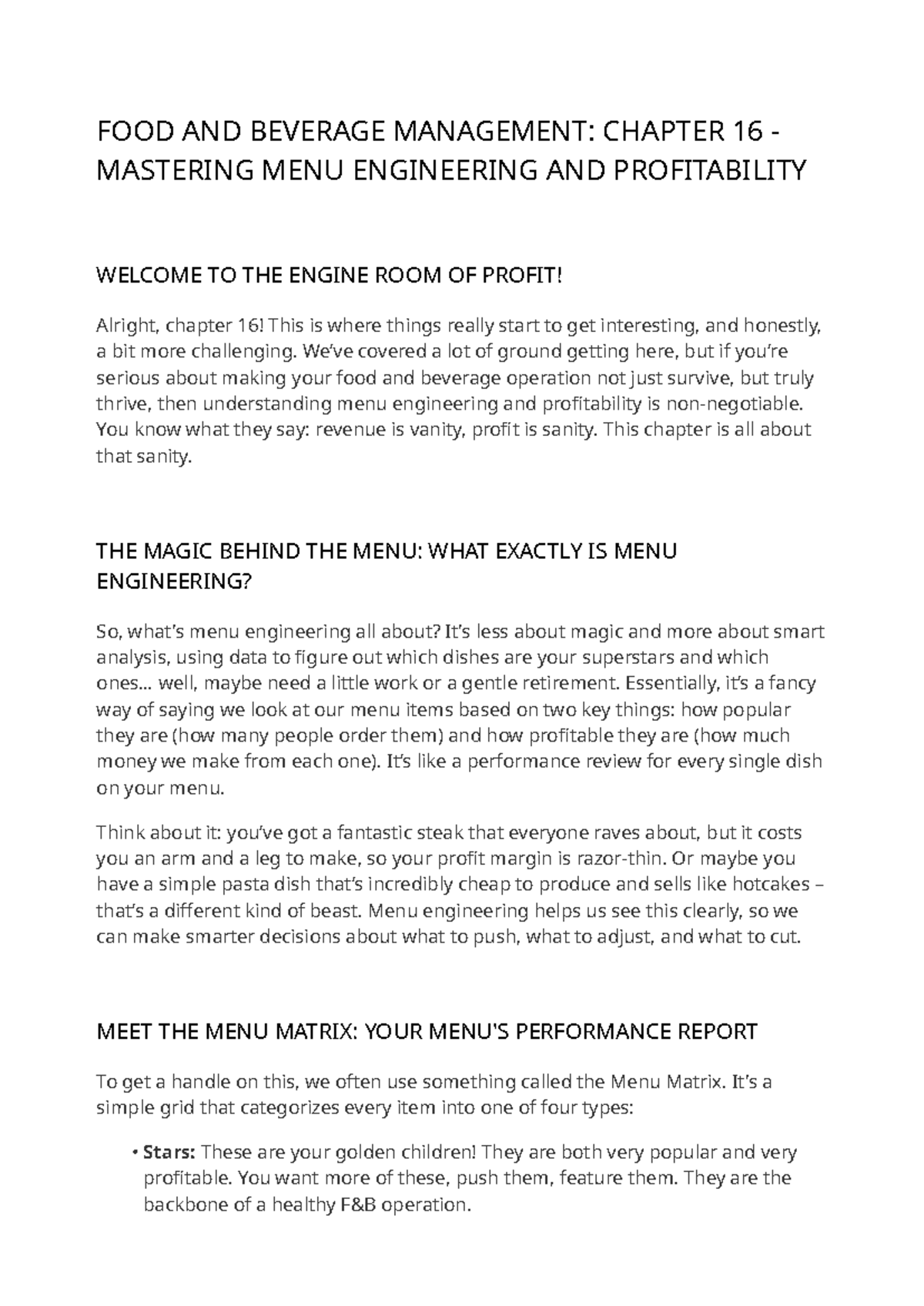 F&B Management: Chapter 16 - Mastering Menu Engineering & Profitability ...