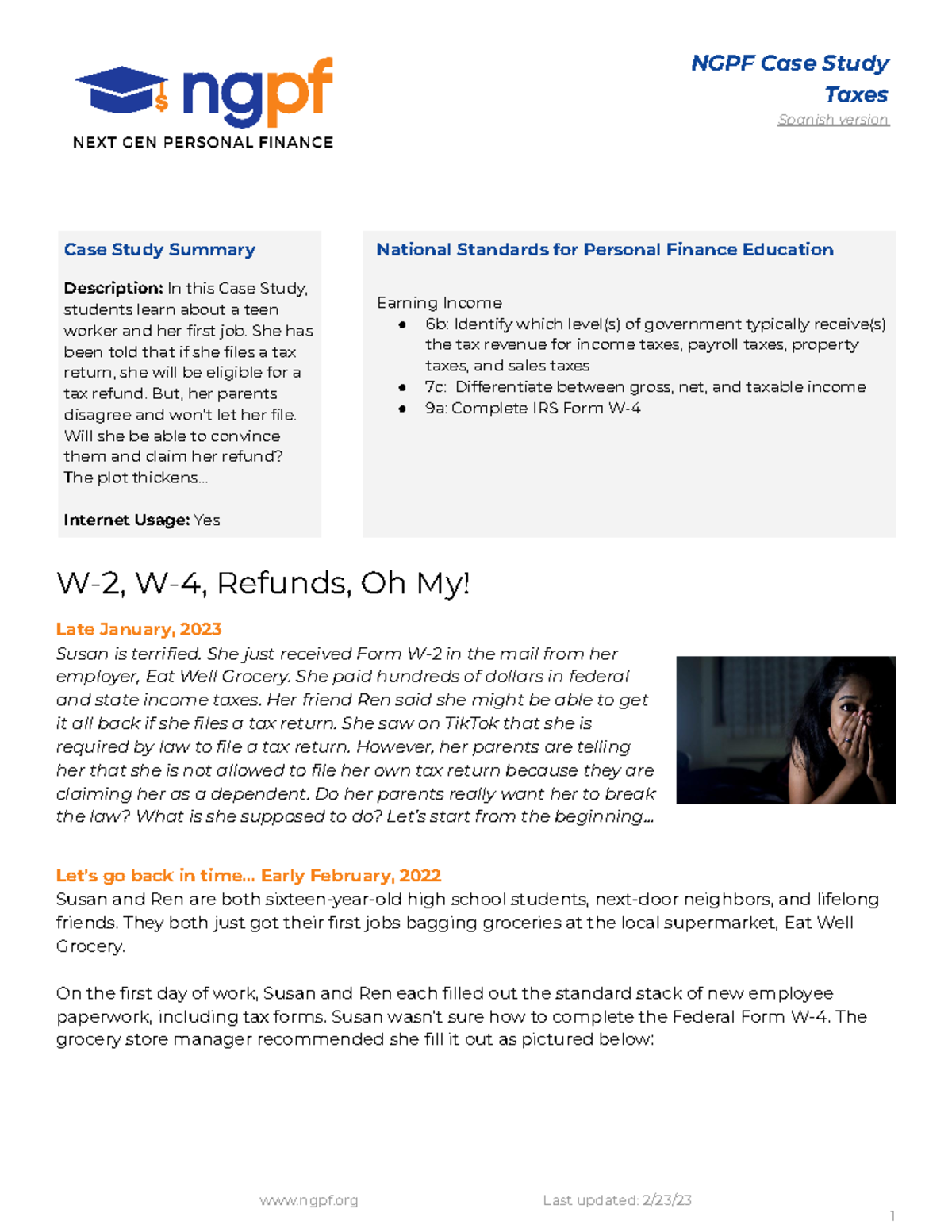 NGPF Case Study: Taxes and Form W-2 & W-4 Explained for Teens - Studocu
