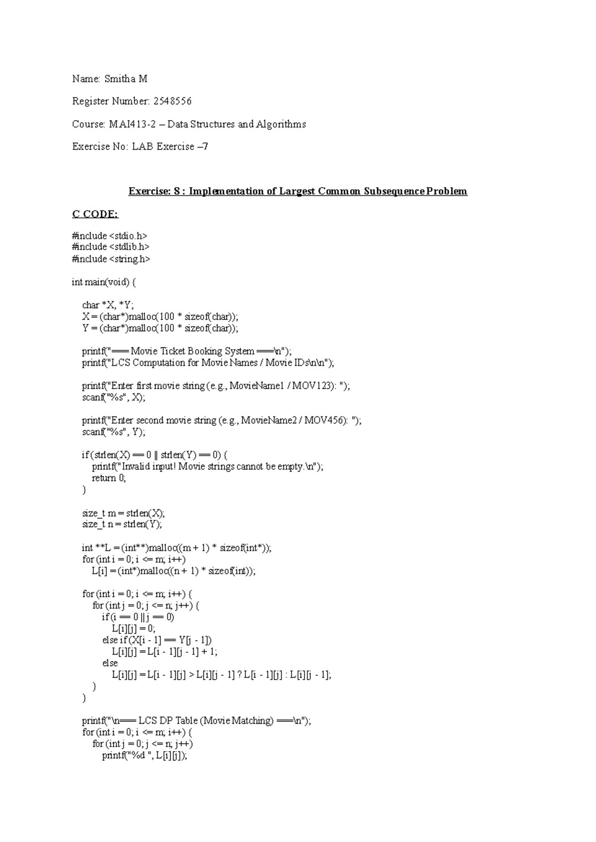 Data Structures and Algorithms: LAB Exercise 8 - LCS Implementation ...