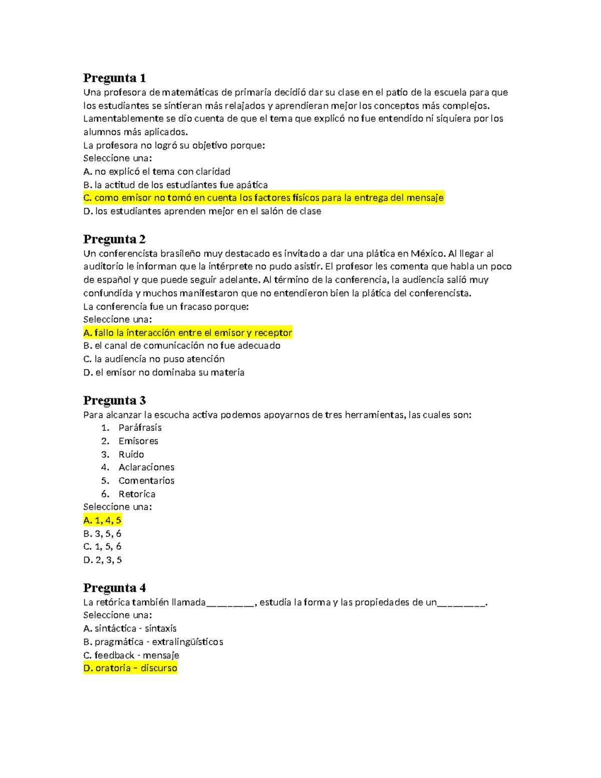 Evaluación U4 - Respuestas del Quiz de Comunicación Efectiva - Studocu