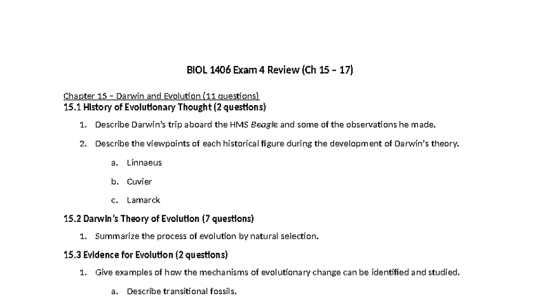 BIOL 1406 Final Exam Review: Evolution & Speciation (Ch 15-17) - Studocu