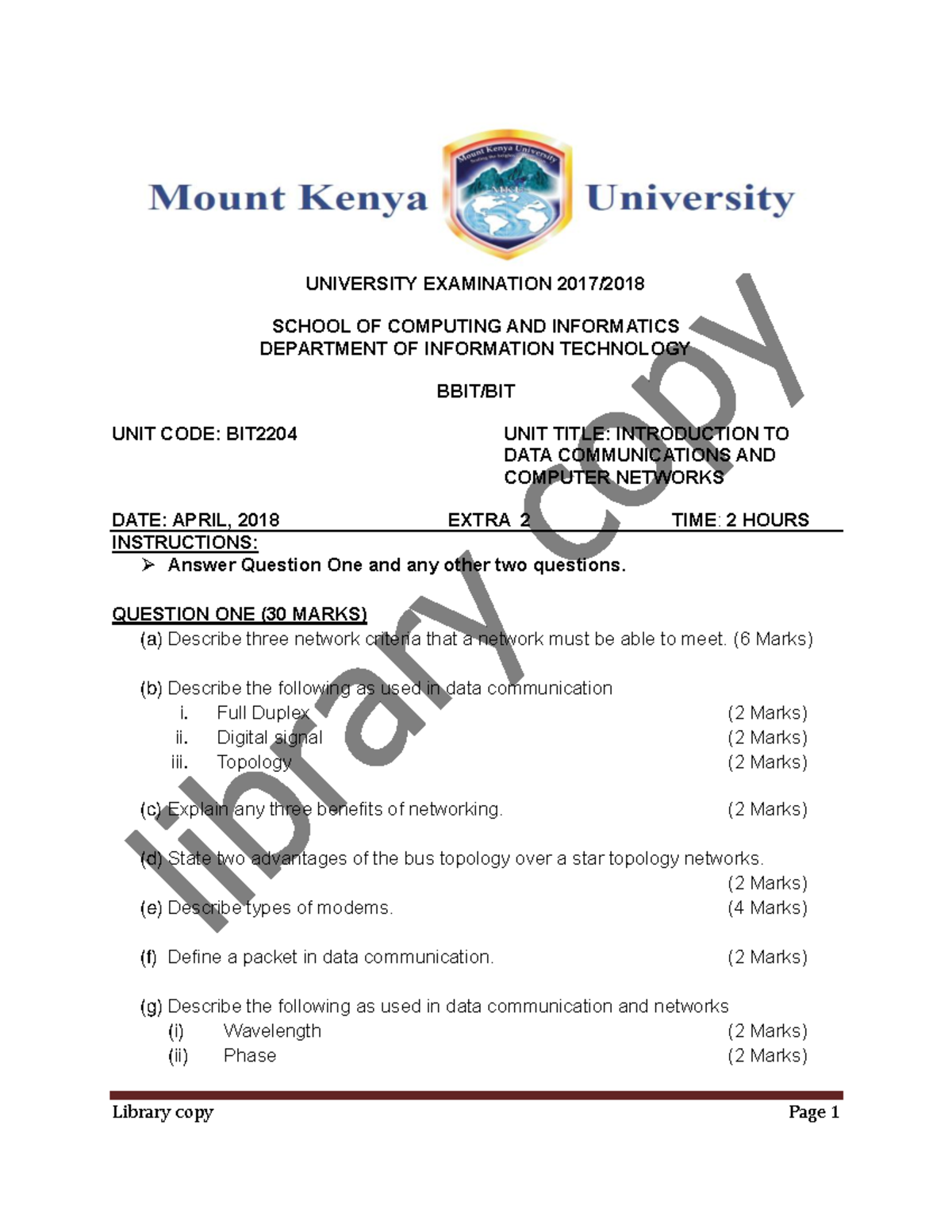 BIT2204 Introduction to Data Communications & Computer Networks Exam - Studocu