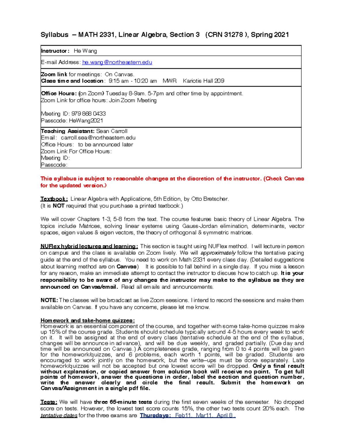 Syllabus for MATH 2331: Linear Algebra, Spring 2021, Sec 3 - Studocu