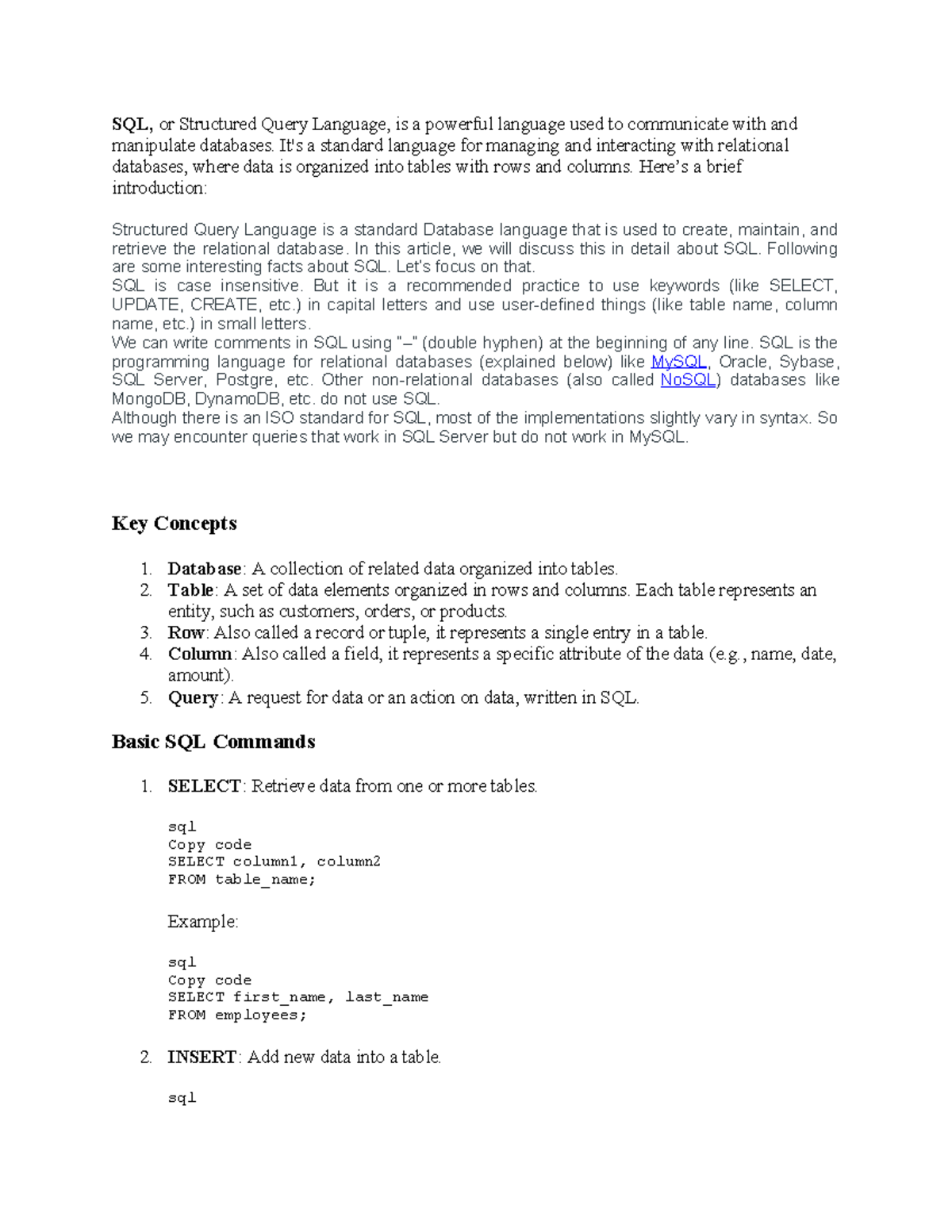 DBMS UNIT 4 - Comprehensive Guide to SQL Basics and Performance Tuning - Studocu