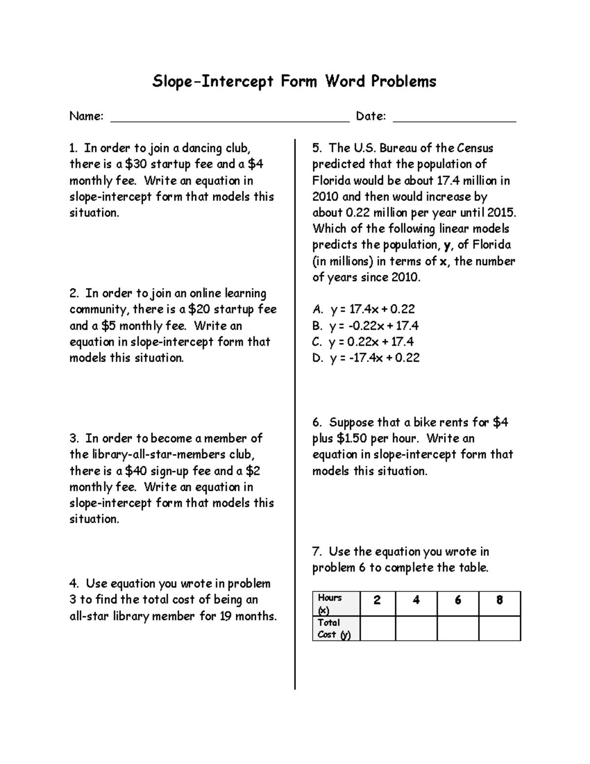 MATH 101: Slope-Intercept Form Word Problems and Solutions - Studocu