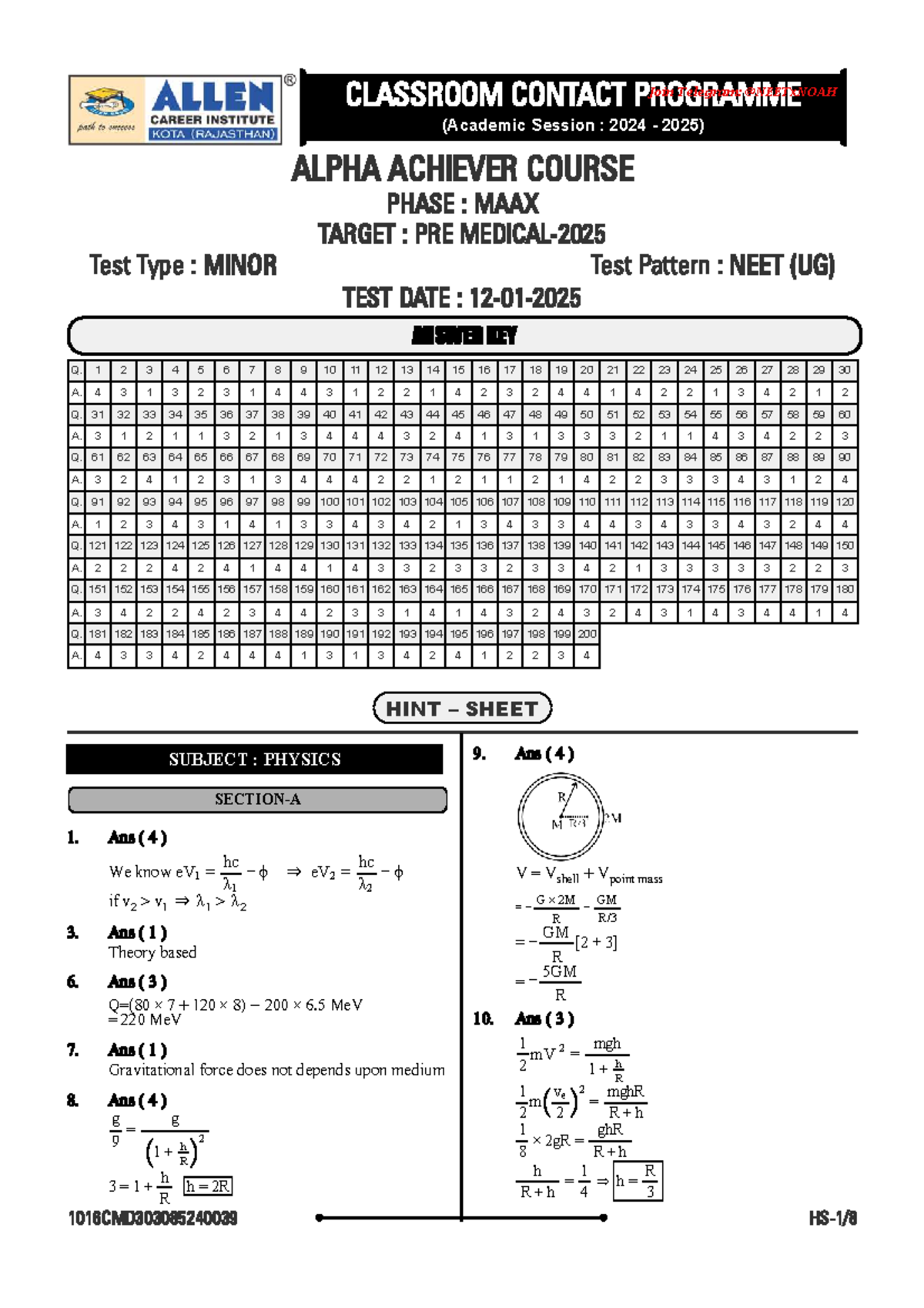 NEET (UG) 2024-2025 Minor Test 09 Answer Key & Solutions - Studocu