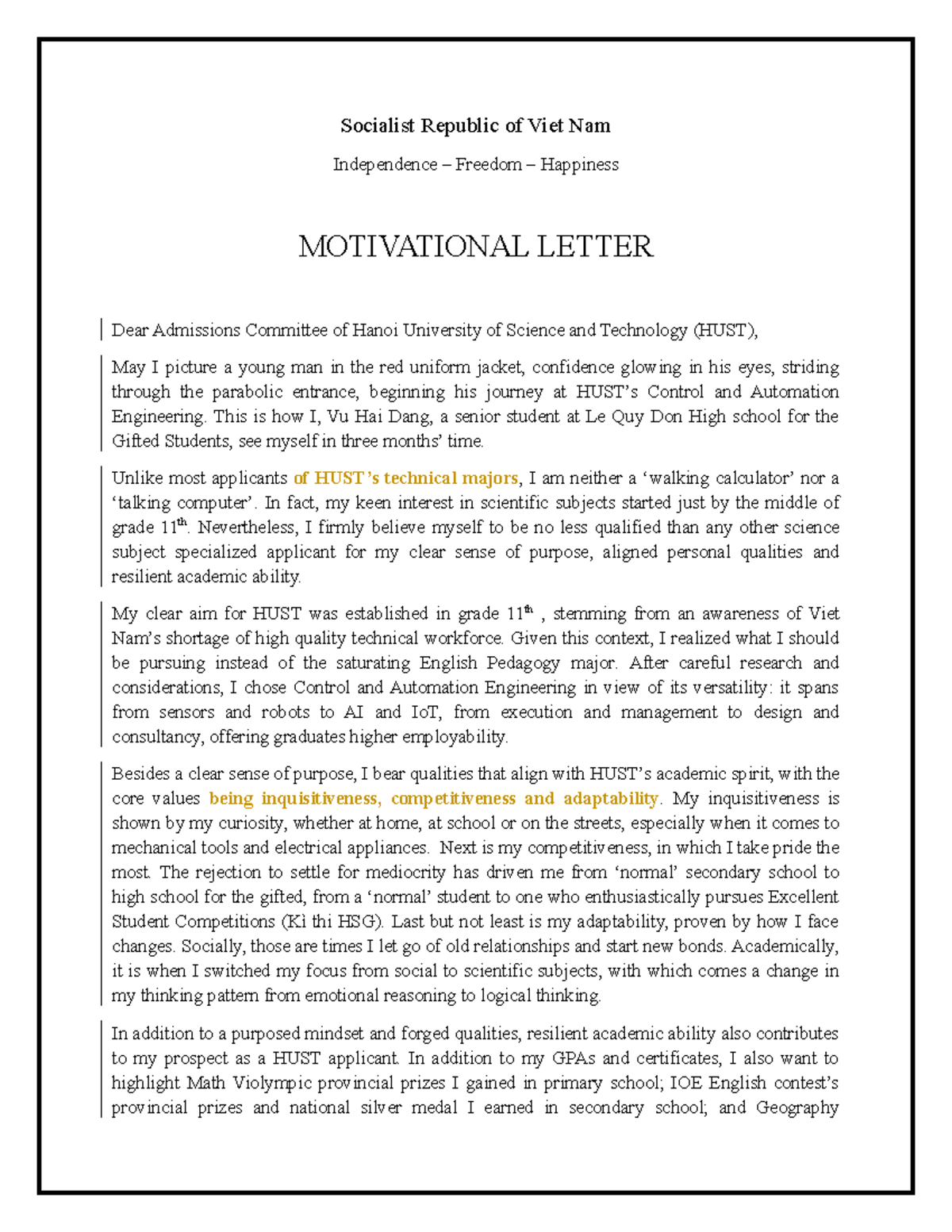 HUST566 - Motivational Letter for Control and Automation Engineering ...