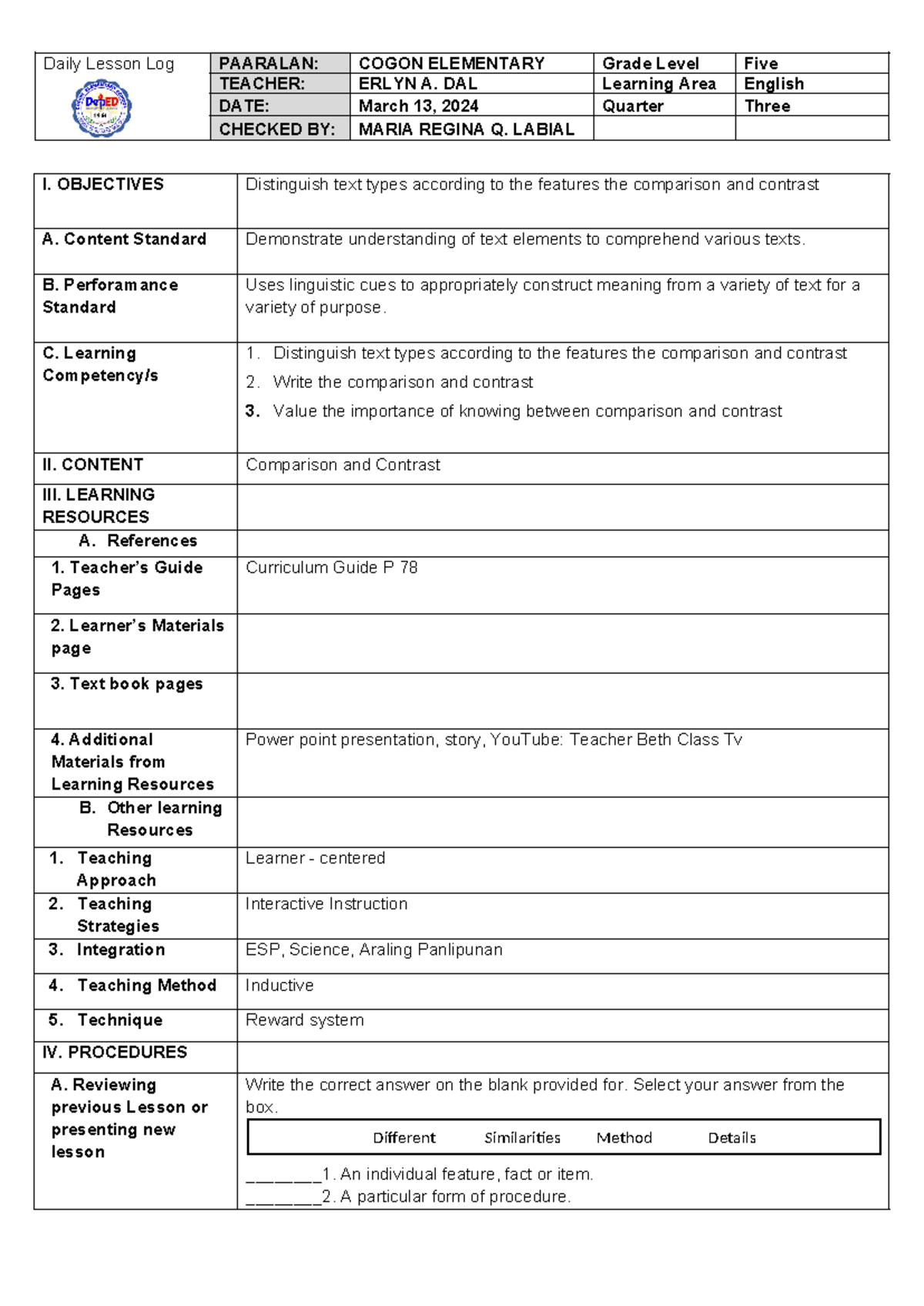 English 5 - Daily Lesson Log: Comparison and Contrast Activities - Studocu