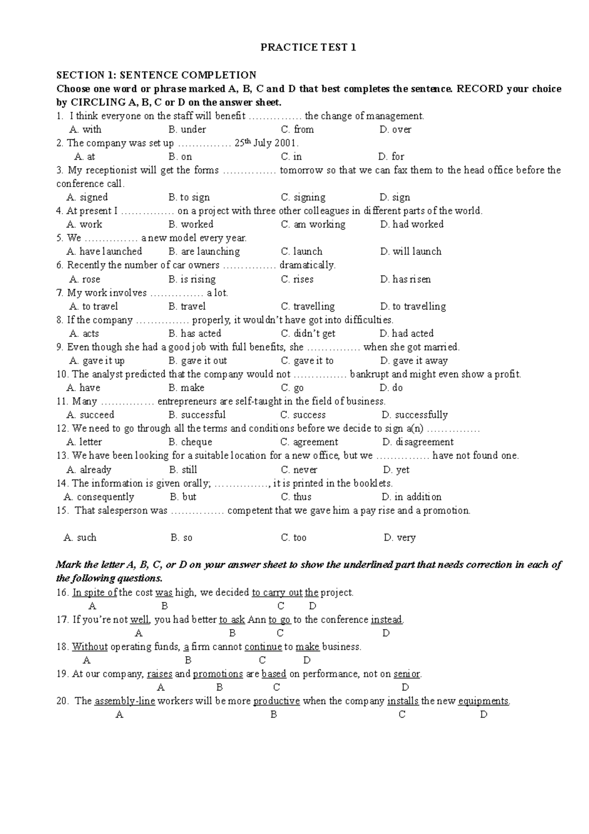 File 3.1 Practice TEST 1 - PRACTICE TEST 1 SECTION 1: SENTENCE ...