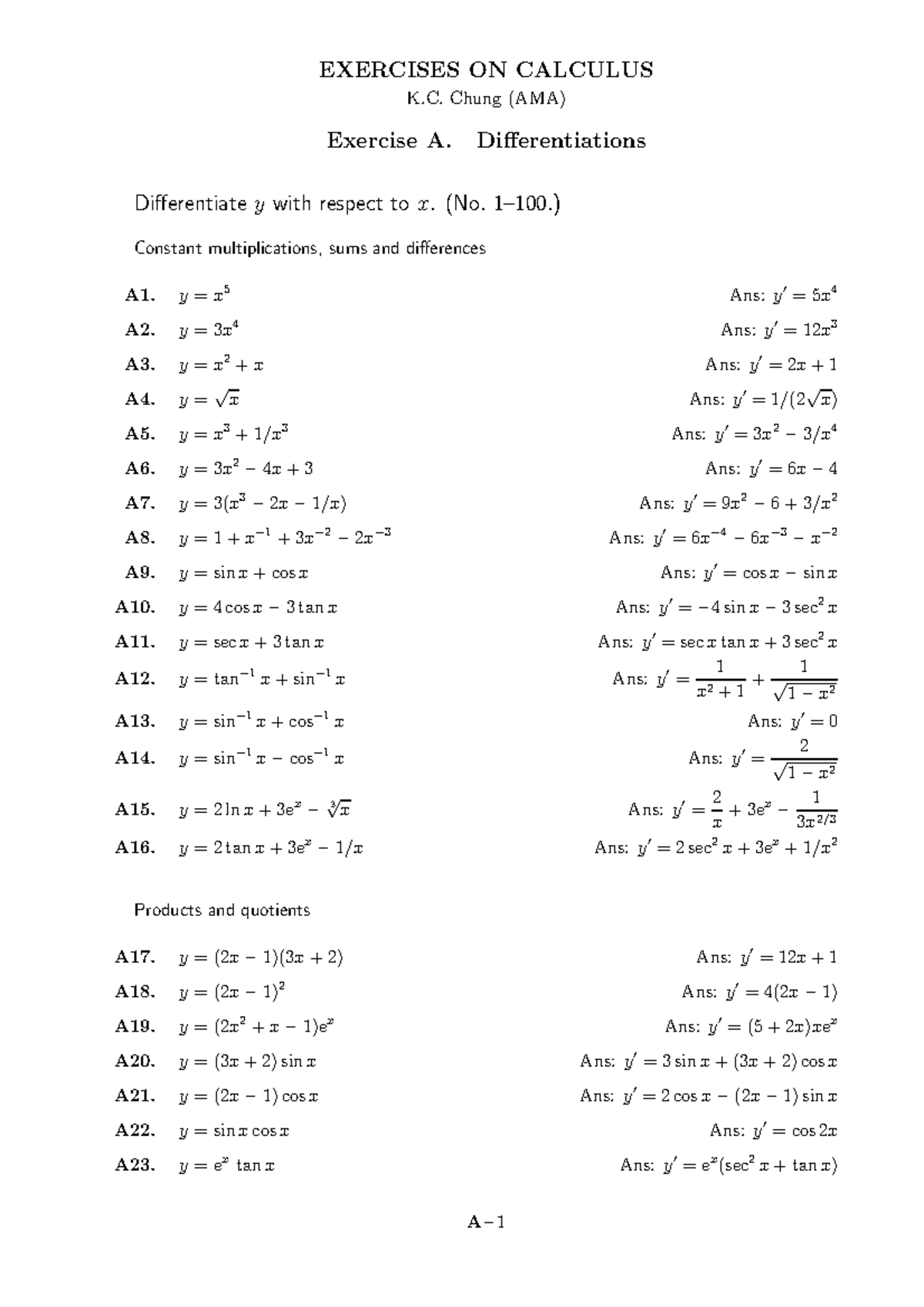 Differentiation Exercises for Calculus K.C. Chung (AMA) - Studocu
