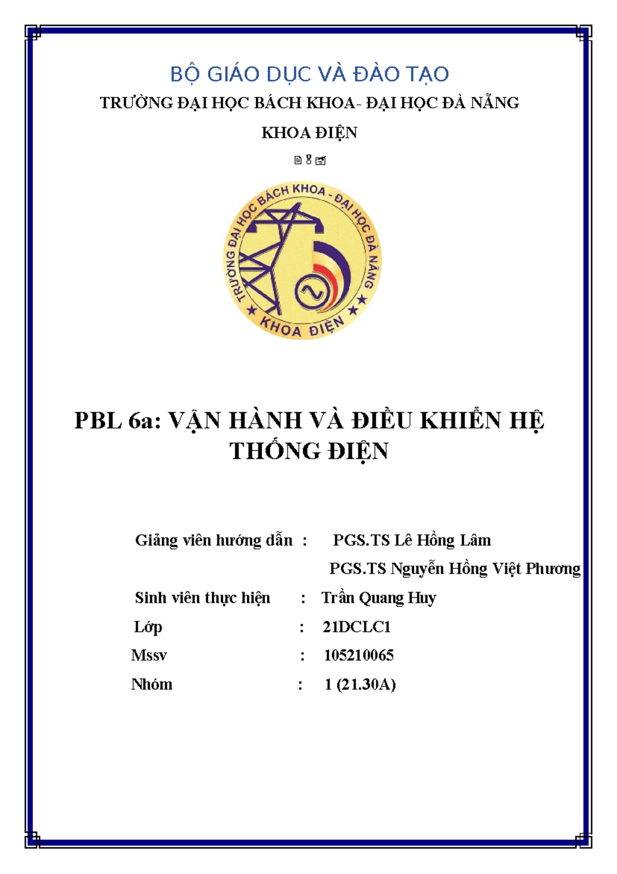PBL 6a: Vận Hành và Điều Khiển Hệ Thống Điện - Đồ Án Môn Học - Studocu