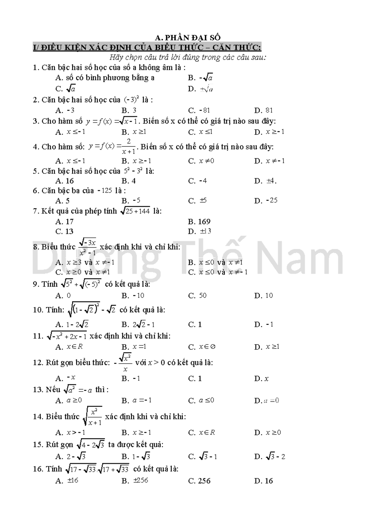 Bộ câu hỏi trắc nghiệm Toán 9 (Môn Toán) - Tài liệu ôn tập đầy đủ - Studocu