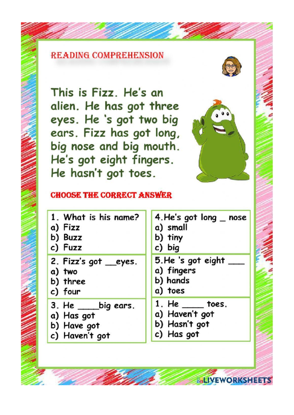 Reading Comprehension Worksheet for Kids: Fizz the Alien ...