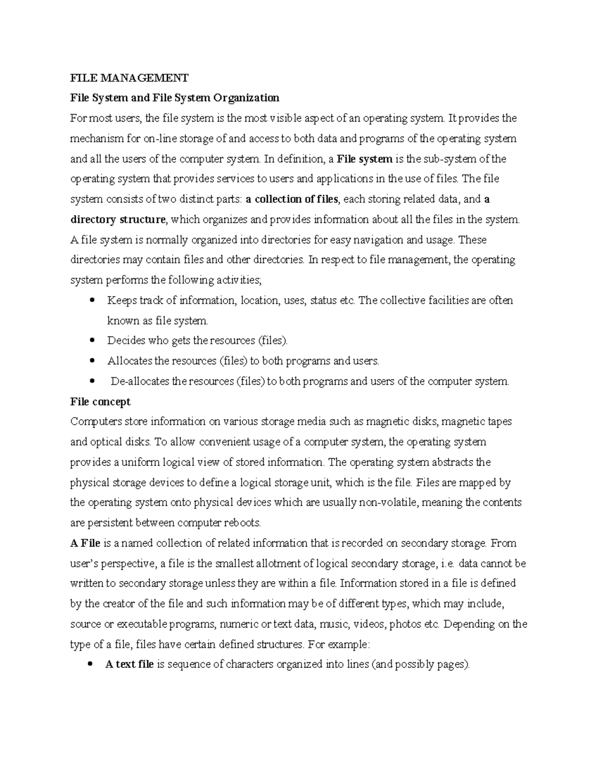 File Management Lecture Notes 3 File Management File System And File System Organization For