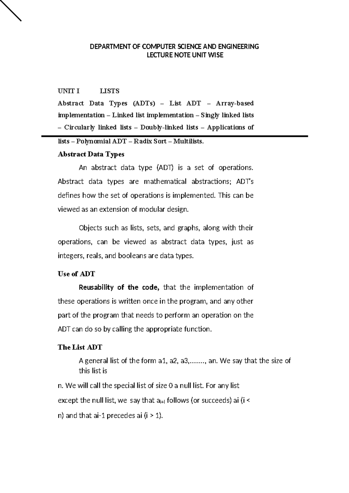Notes - DEPARTMENT OF COMPUTER SCIENCE AND ENGINEERING LECTURE NOTE ...