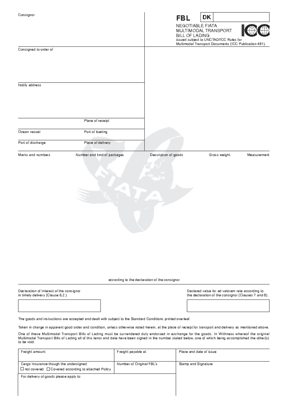 FBL DK Negotiable Multimodal Transport Bill of Lading Template - Studocu