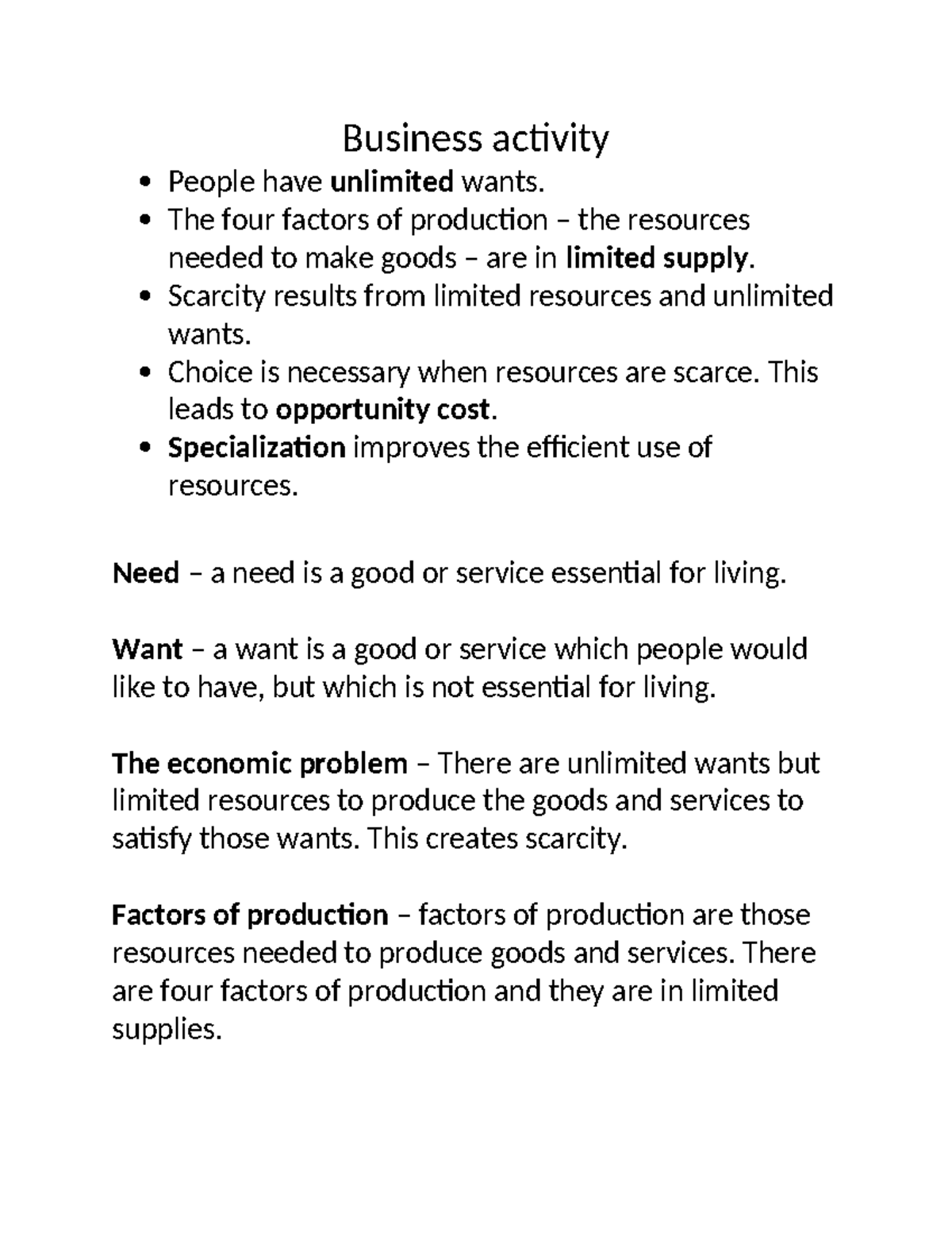 1-Business Activity: Understanding Scarcity & Factors of Production ...