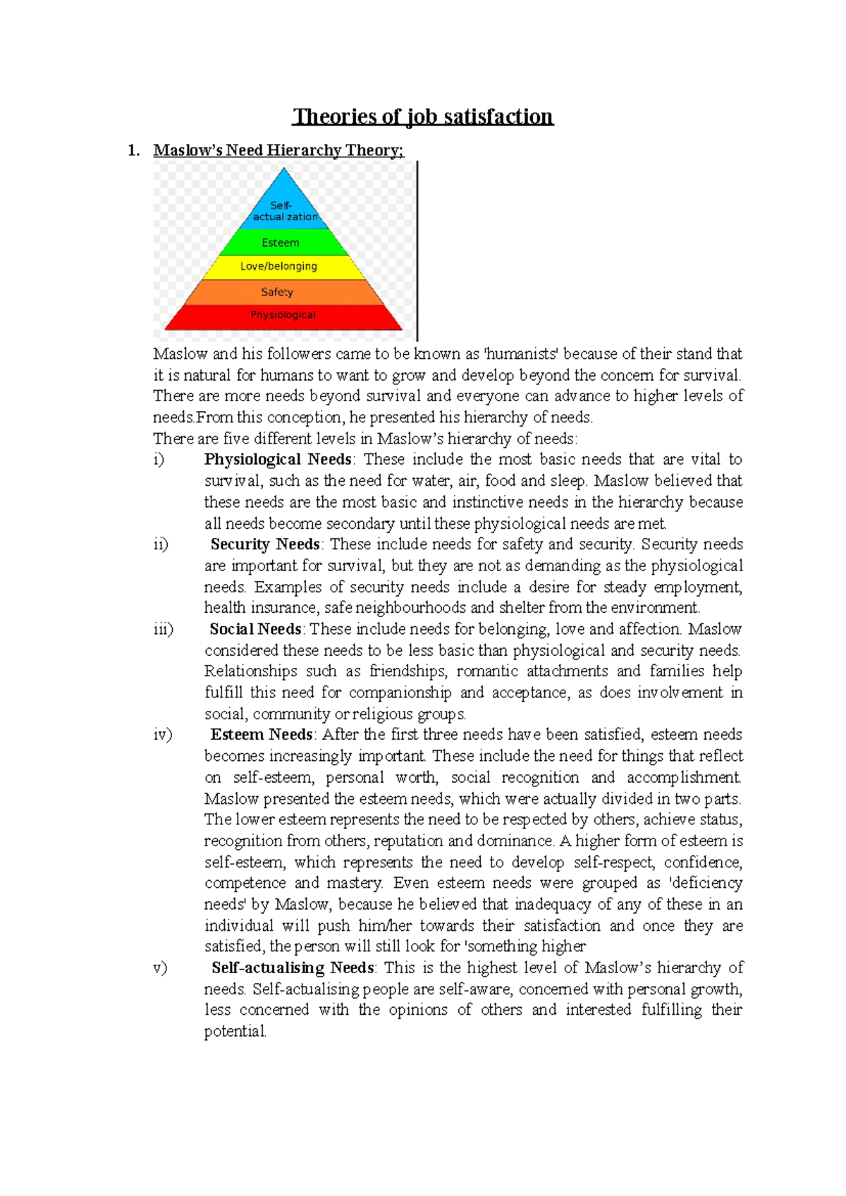 Theories of job satisfaction - Theories of job satisfaction Maslow’s ...