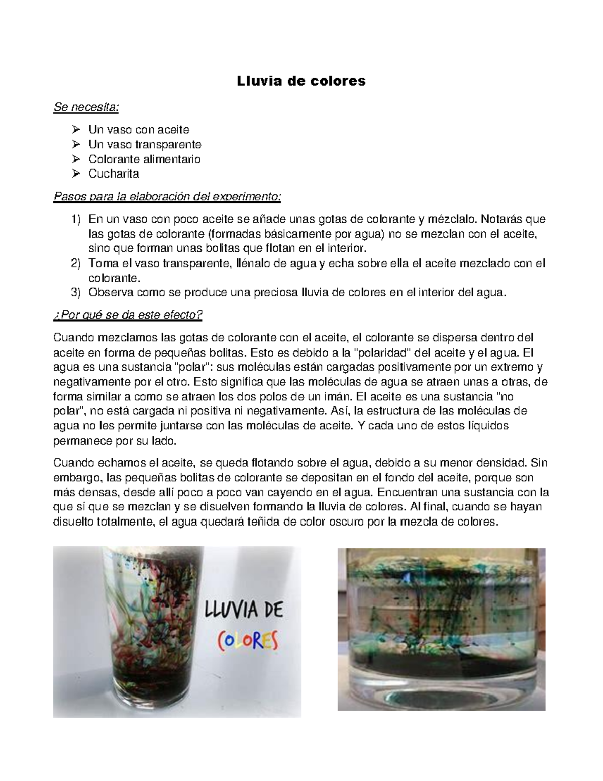 Experimento: Lluvia de Colores con Aceite y Colorante Alimentario - Studocu