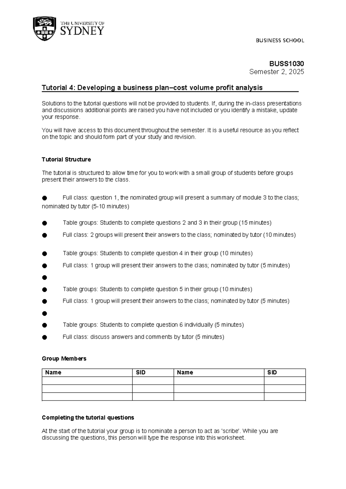 BUSS1030 Semester 2, 2025 Tutorial 4: Business Volume Profit Analysis ...
