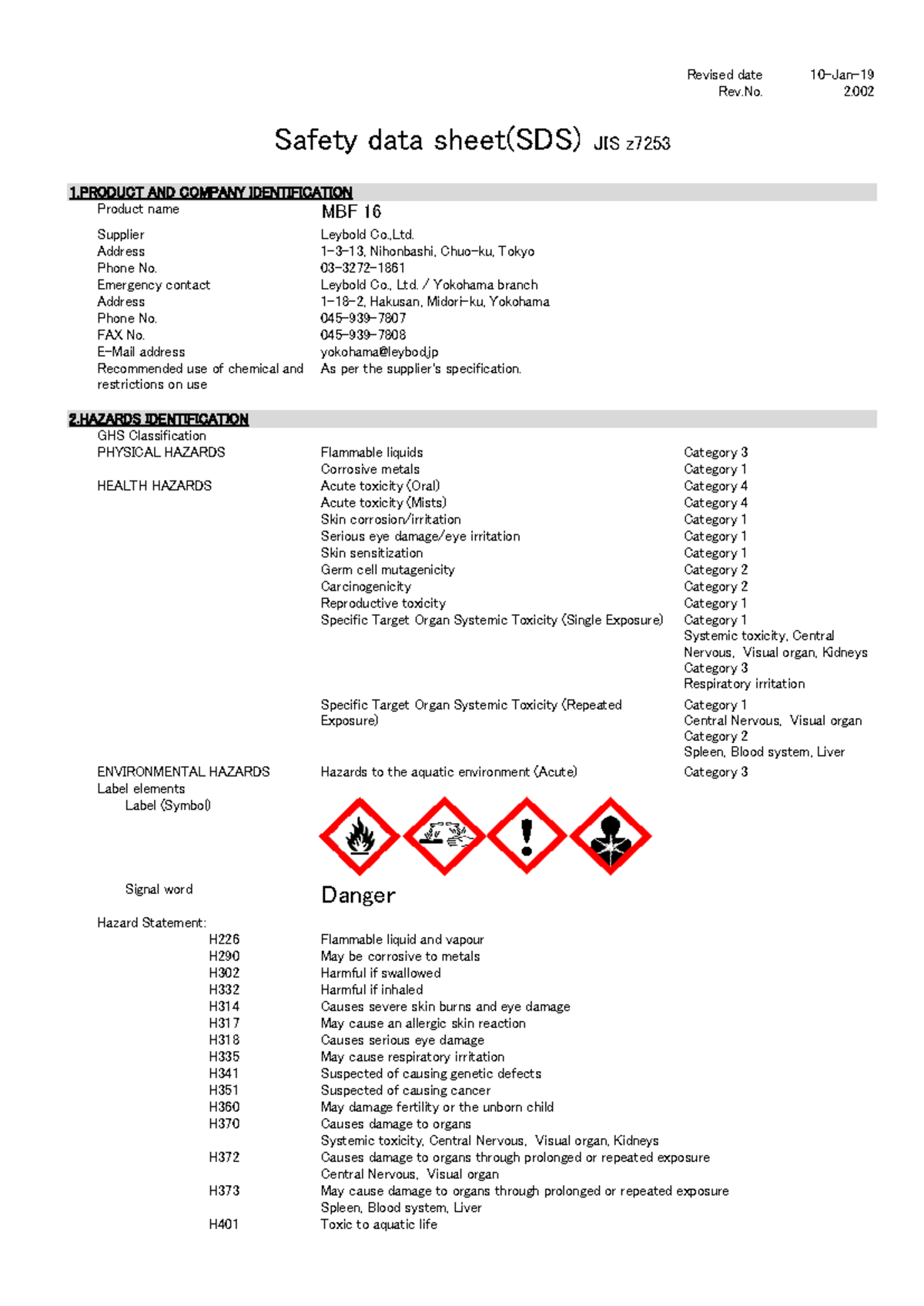 SDS MBF 16 Rev. 2.002 Safety Data Sheet Overview - Studocu