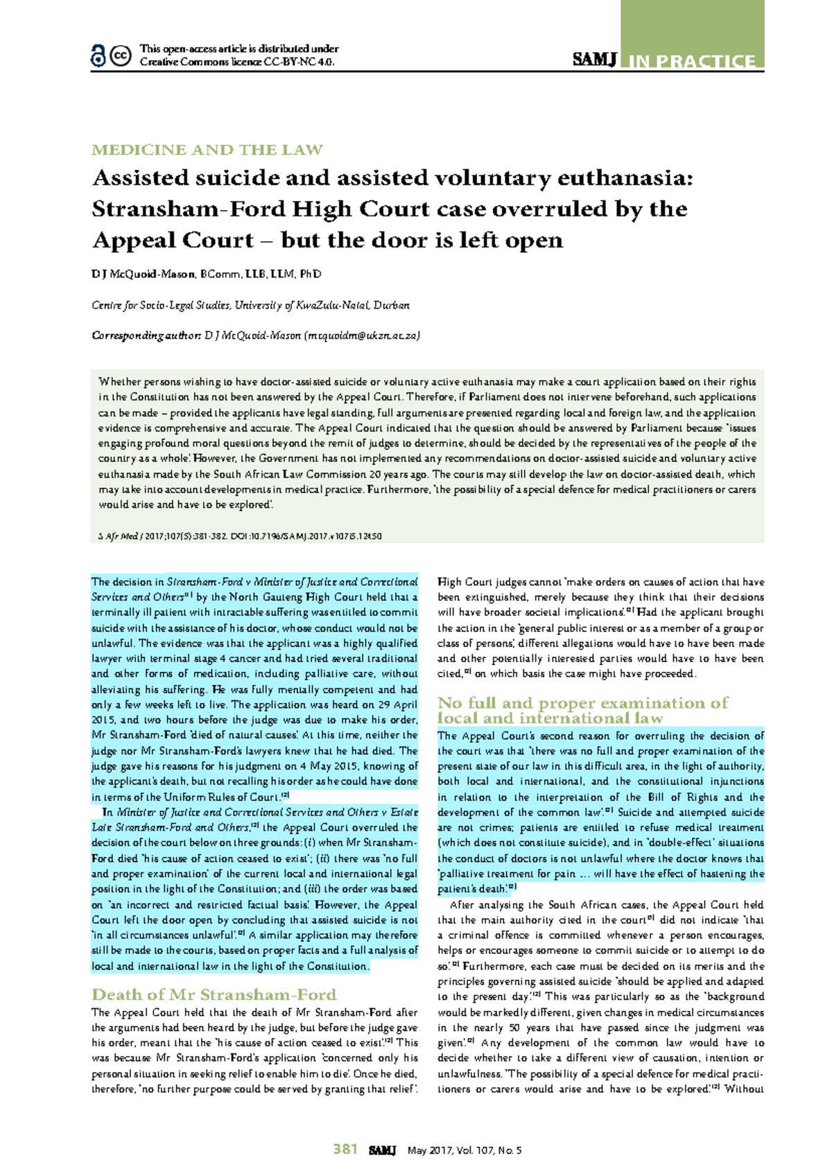 Case Study on Assisted Suicide & Euthanasia: Stransham-Ford Appeal ...