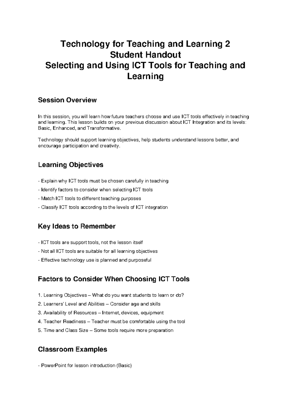 TTL2 Student Handout: Selecting & Using ICT Tools for Teaching - Studocu