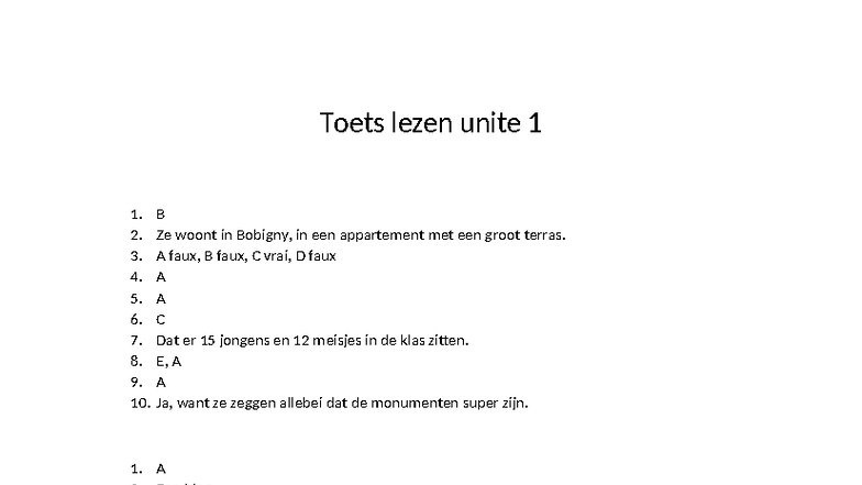Frans - Toets Lezen Unite 1: Antwoorden en Analyse - Studeersnel