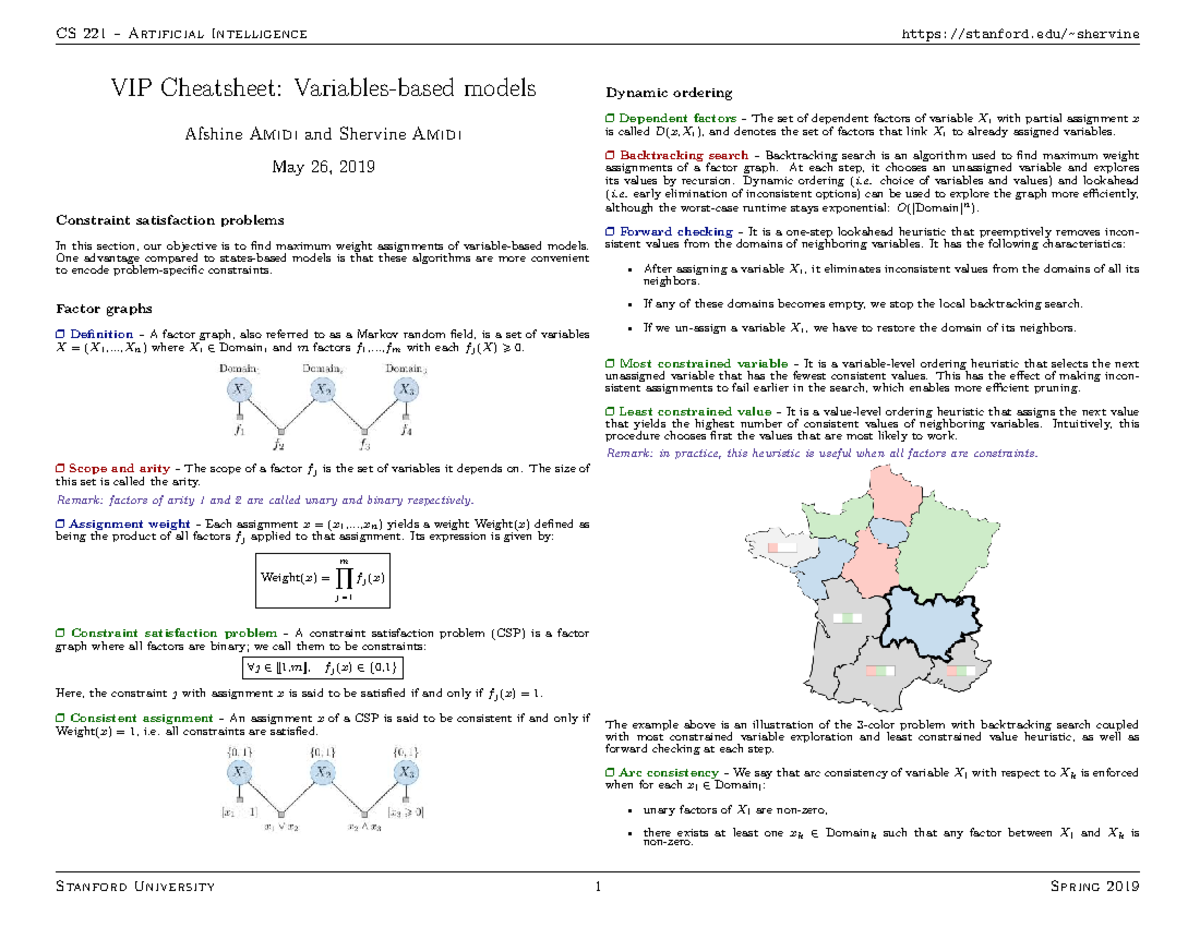CS 221 Artificial Intelligence Spring 2019 Cheatsheet: Variables & Models - Studocu
