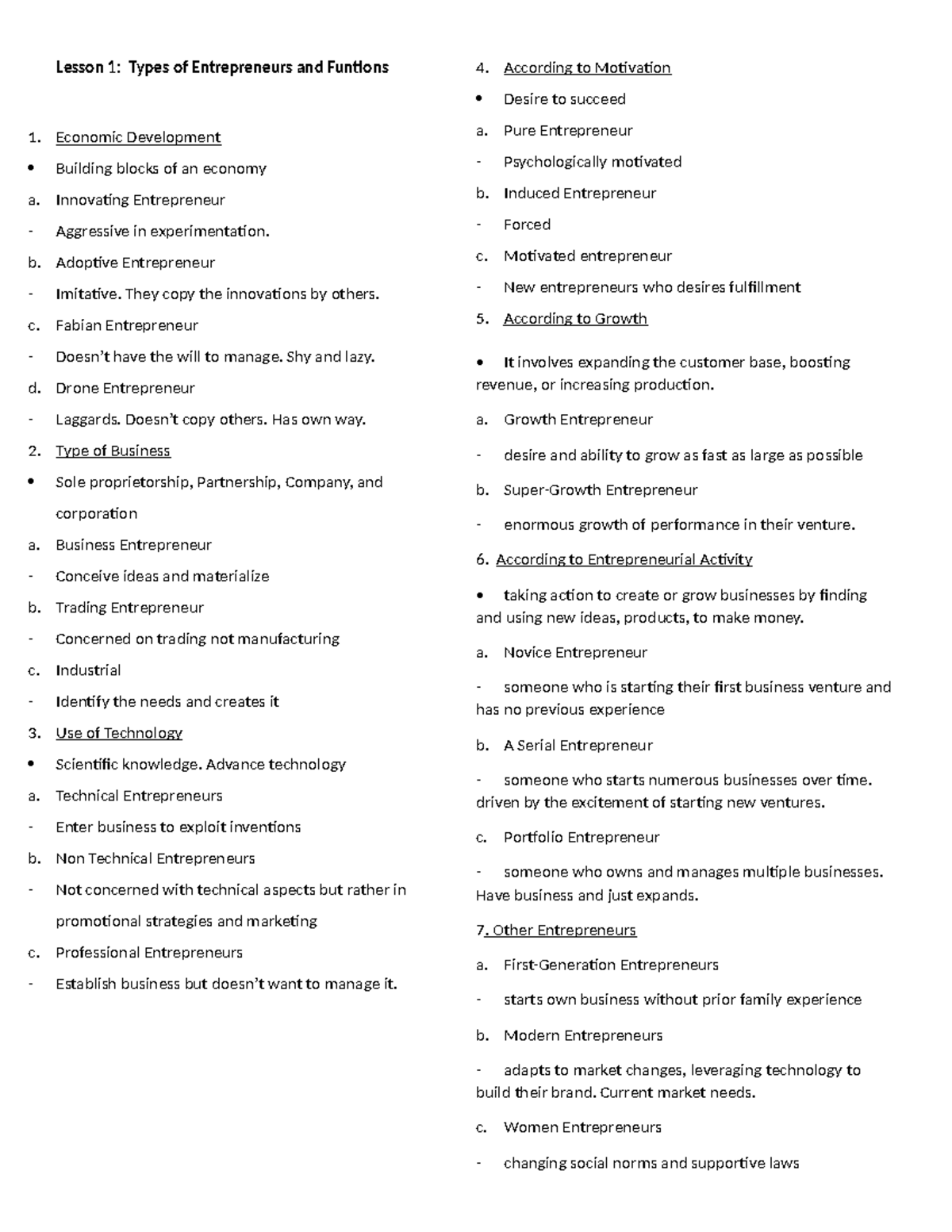 Entrep Reviewer - Lesson 1: Types of Entrepreneurs and Funtions ...