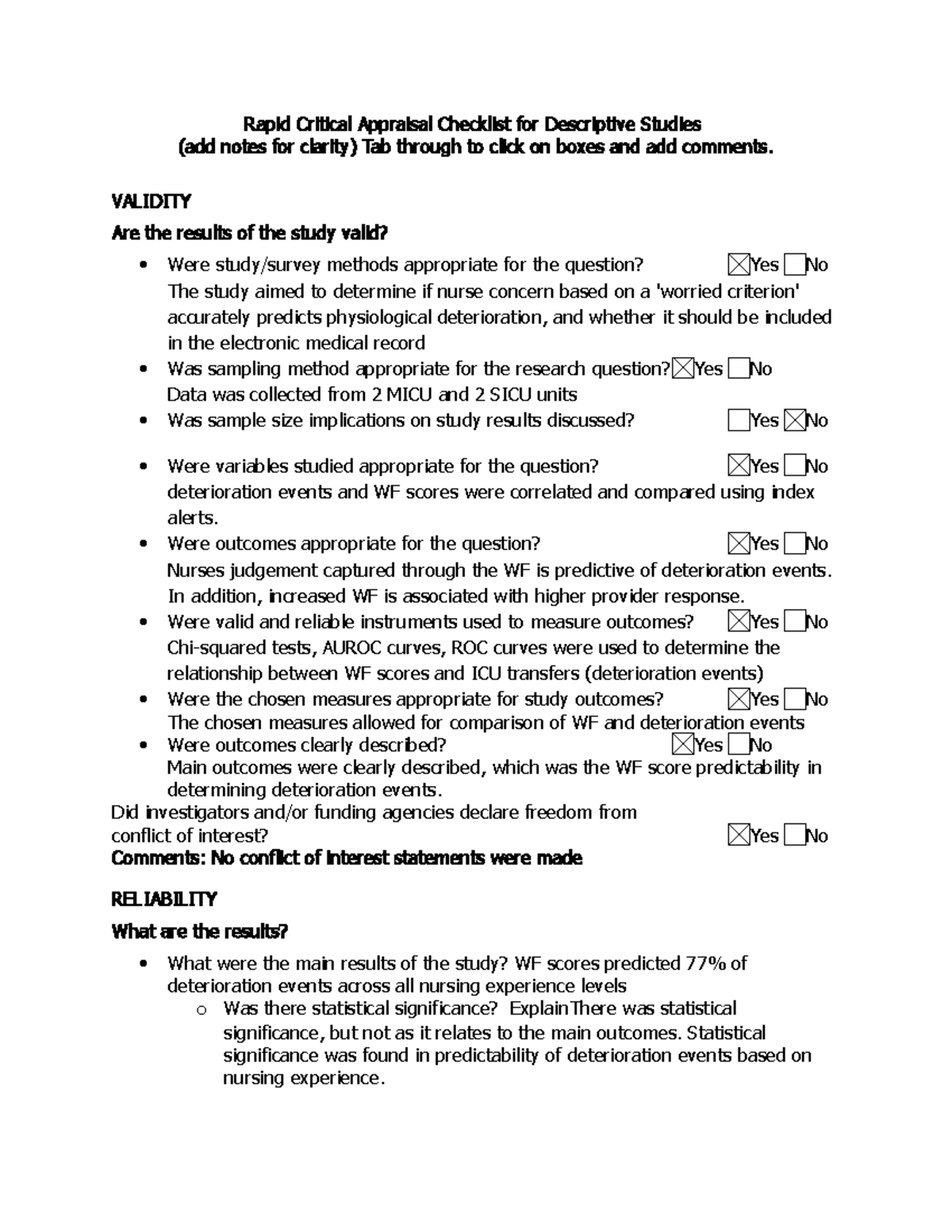 Rapid Critical Appraisal Checklist for Descriptive Studies - Notes ...
