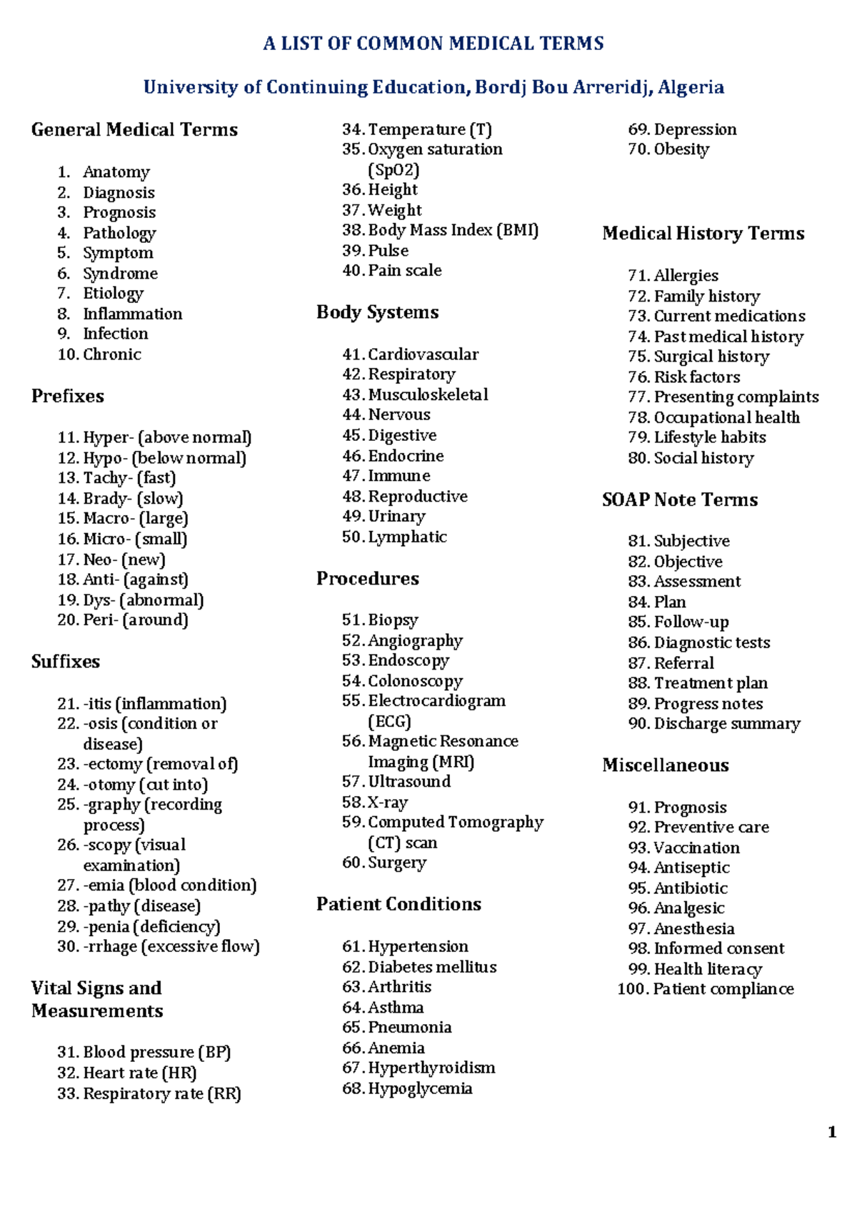 Common Medical Terms - sdde - A LIST OF COMMON MEDICAL TERMS University ...