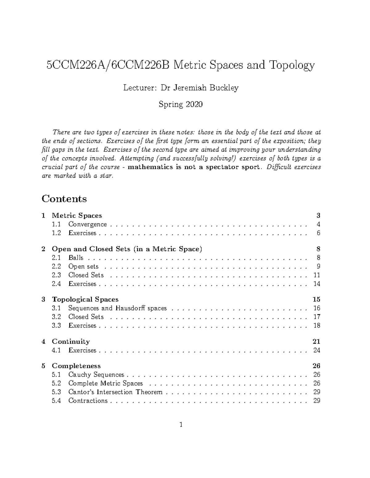 Metric Spaces & Topology: Lecture Notes for 5CCM226A/6CCM226B - Studocu