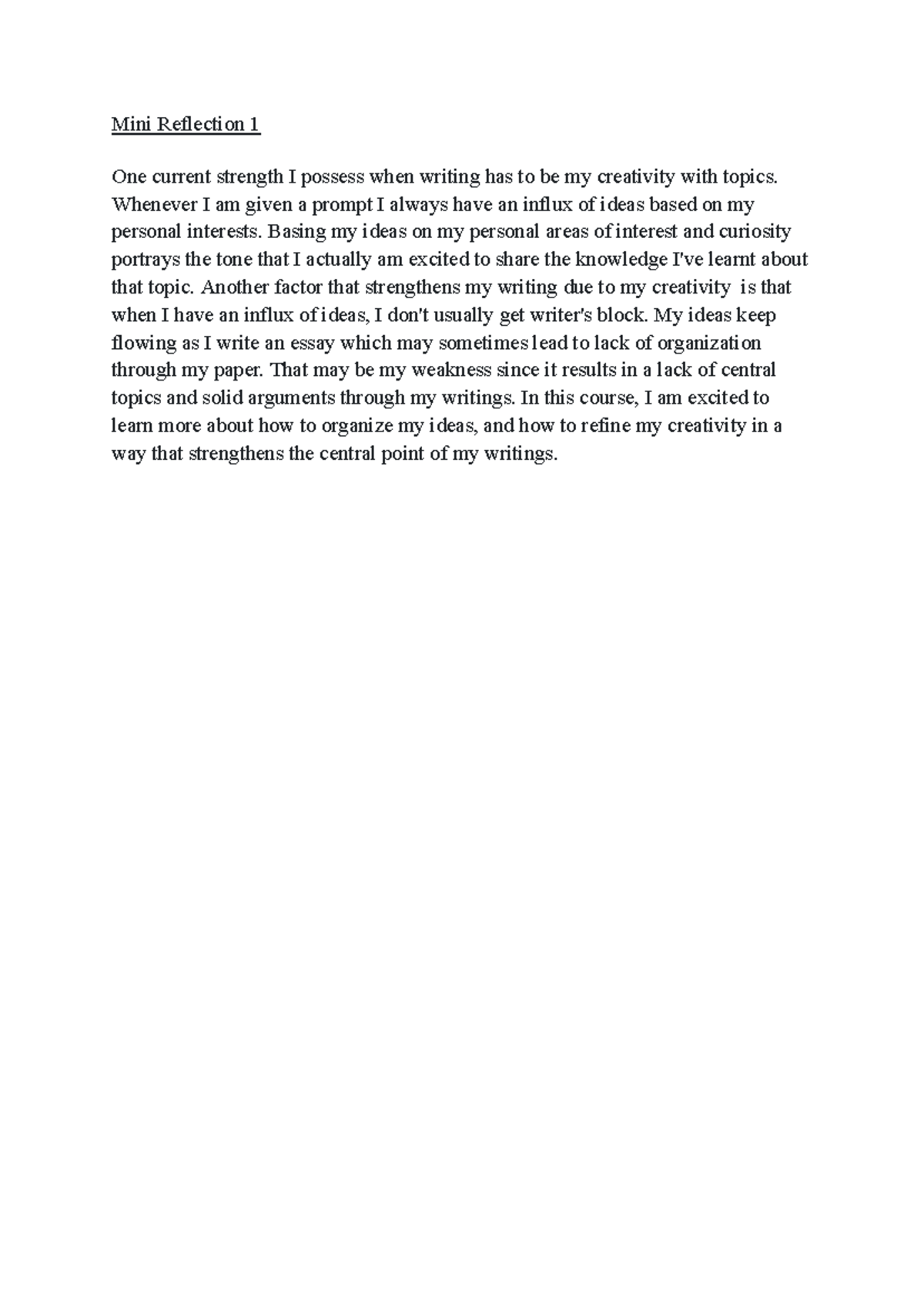ENG 101: Mini Reflection on Writing Strengths and Weaknesses - Studocu