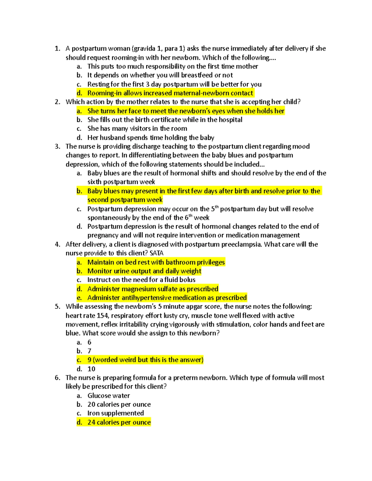 Maternal child exam 2 - Practice questions - Maternal Child Lecture ...