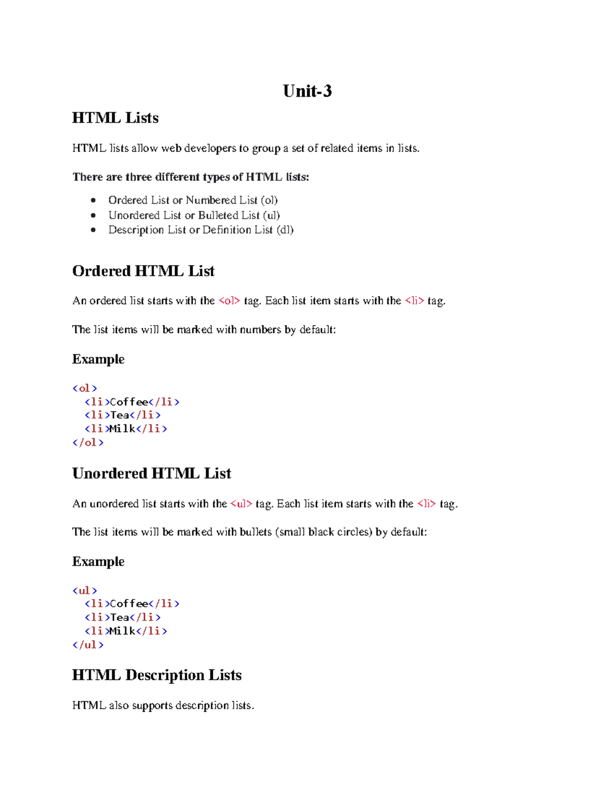 HTML UNIT 3: Understanding HTML Lists and Image Tags - Studocu