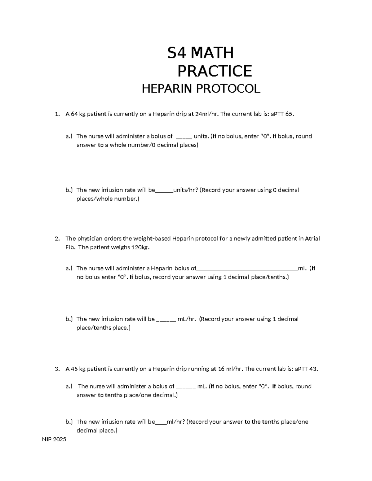 S4 MATH PRACTICE: Heparin Protocol Scenarios and Calculations - Studocu