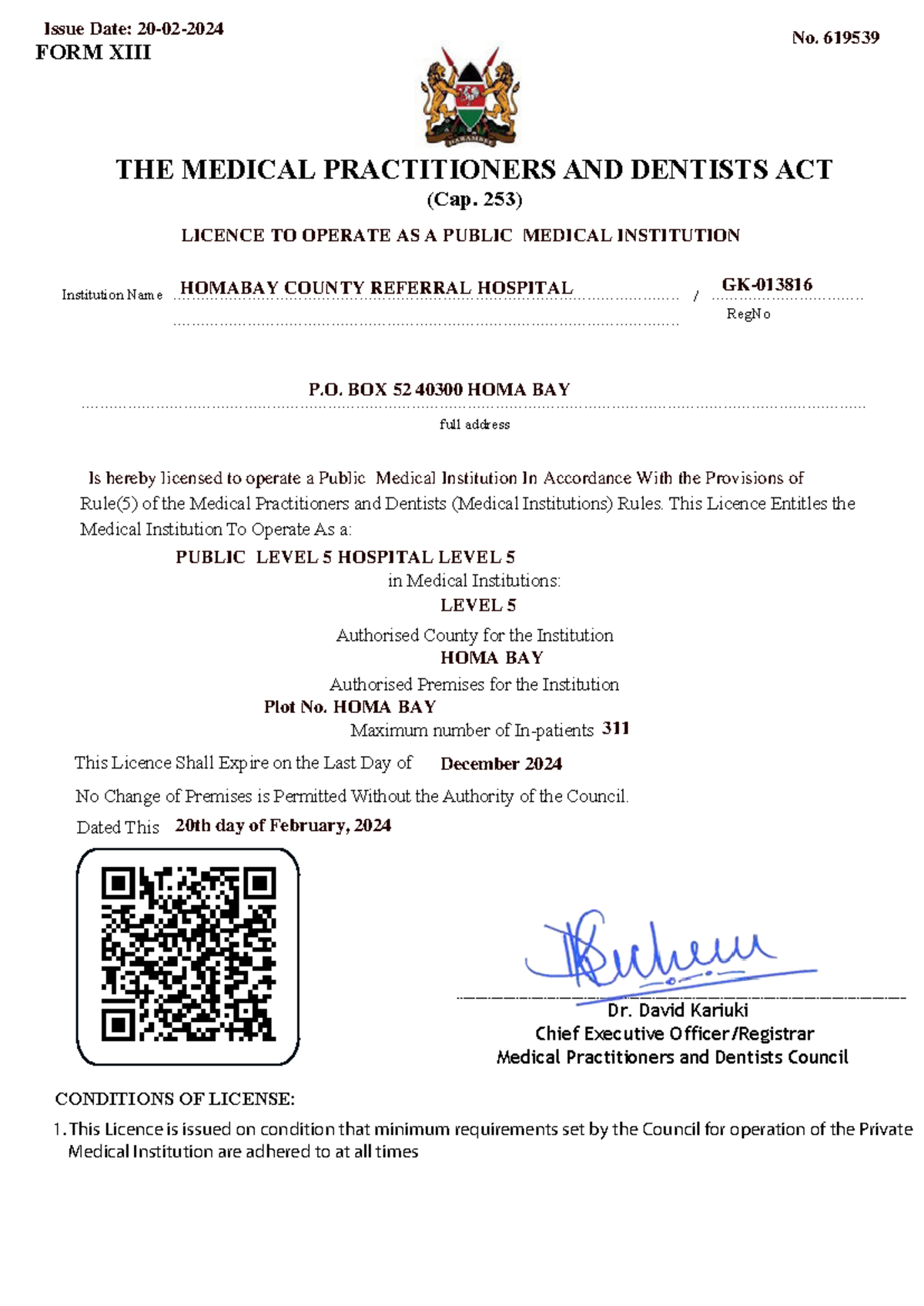HOMA BAY COUNTY REFERRAL HOSPITAL Public Medical Institution License ...