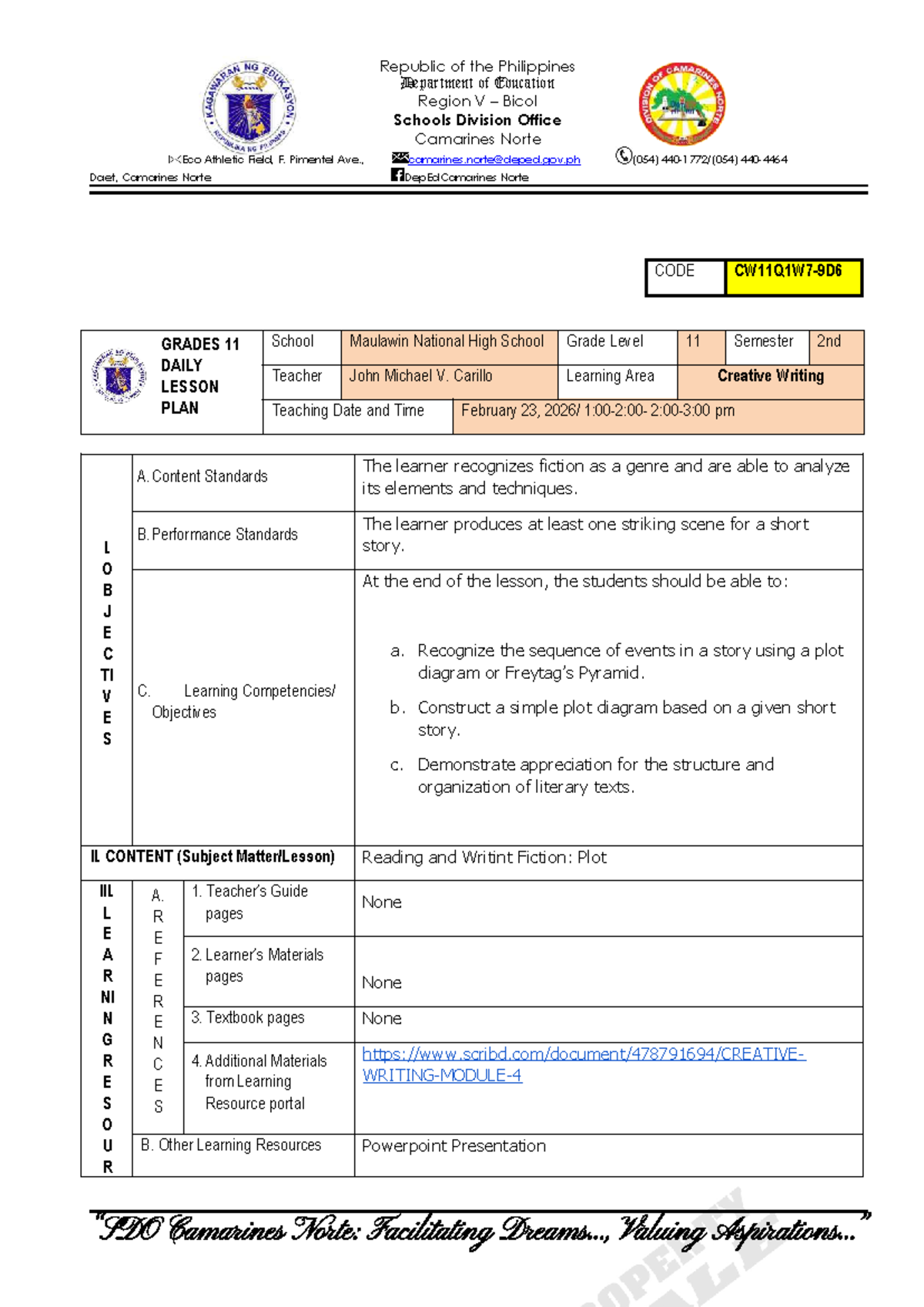 Creative Writing Lesson Plan: Plot Structure (Grade 11) - Studocu