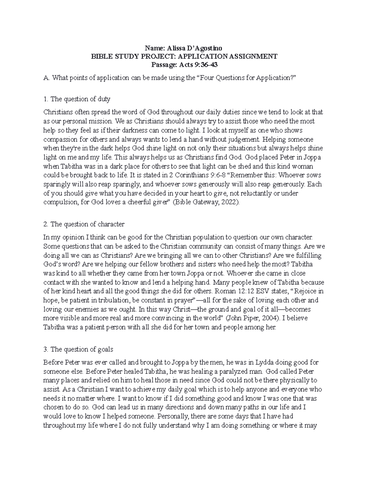 BIBL104 Bible Study Project: Application of Acts 9:36-43 - Studocu