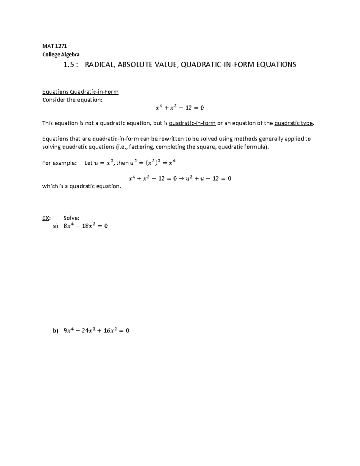 College Algebra MAT 1271: Solutions to Quadratic and Radical Equations ...
