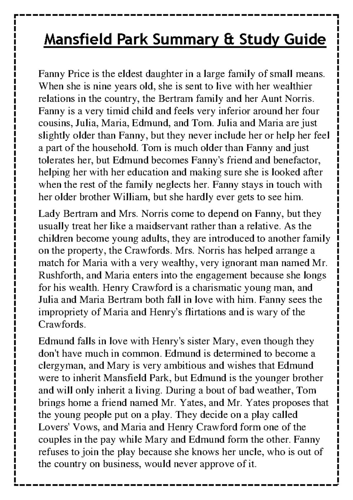 Mansfield Park Summary & Study Guide: Fanny Price's Journey - Studocu