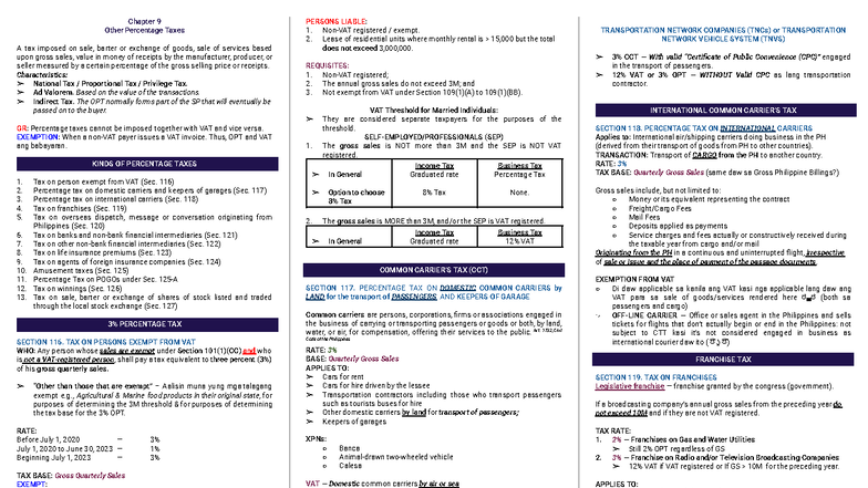 BOOK Notes: Chapter 9 - Other Percentage Taxes (BIR Compliance) - Studocu